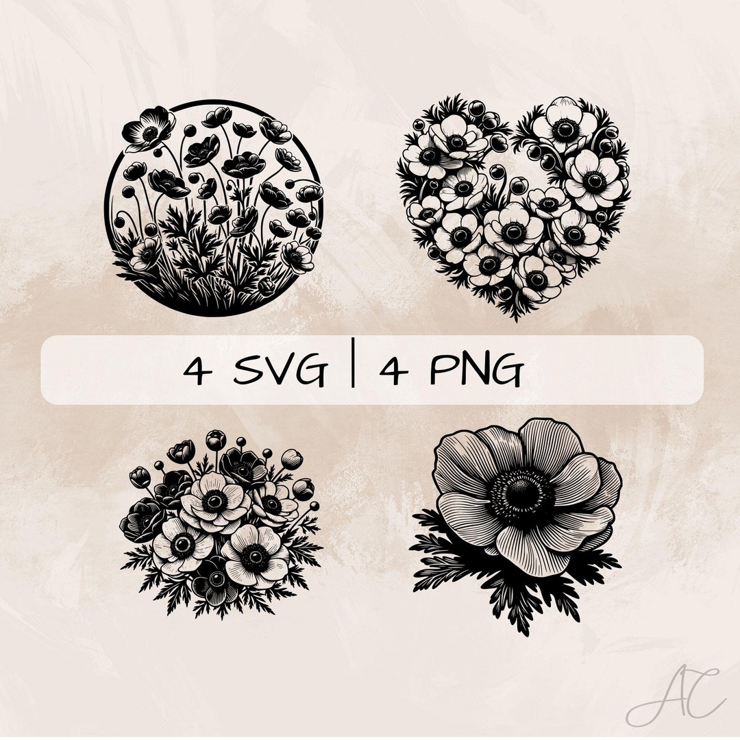 Anemone SVG Bundle, Anemone Flower PNG ,anemone Wreath Clipart, Hand ...