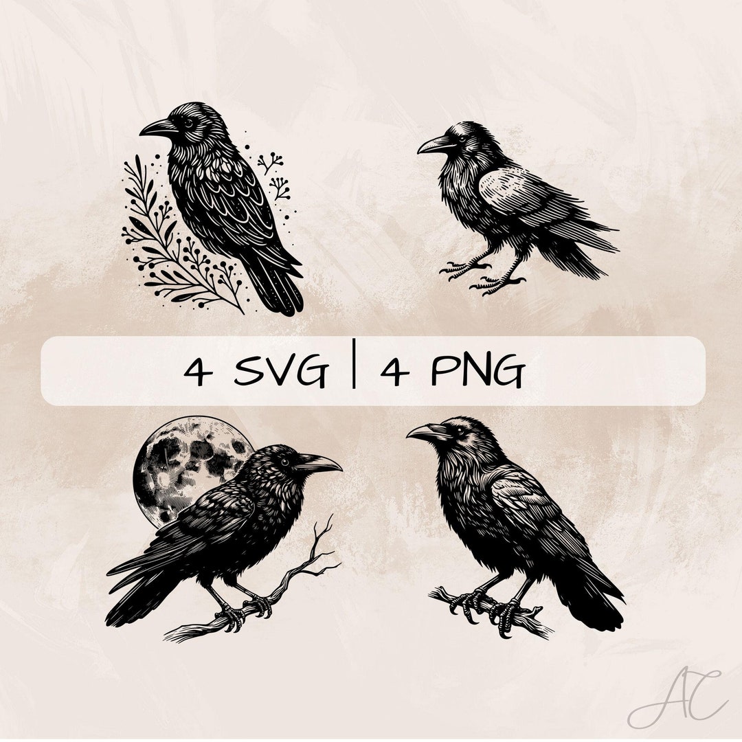 Raven SVG Bundle, Crow PNG, Floral Raven Clipart, Hand Drawn Raven ...