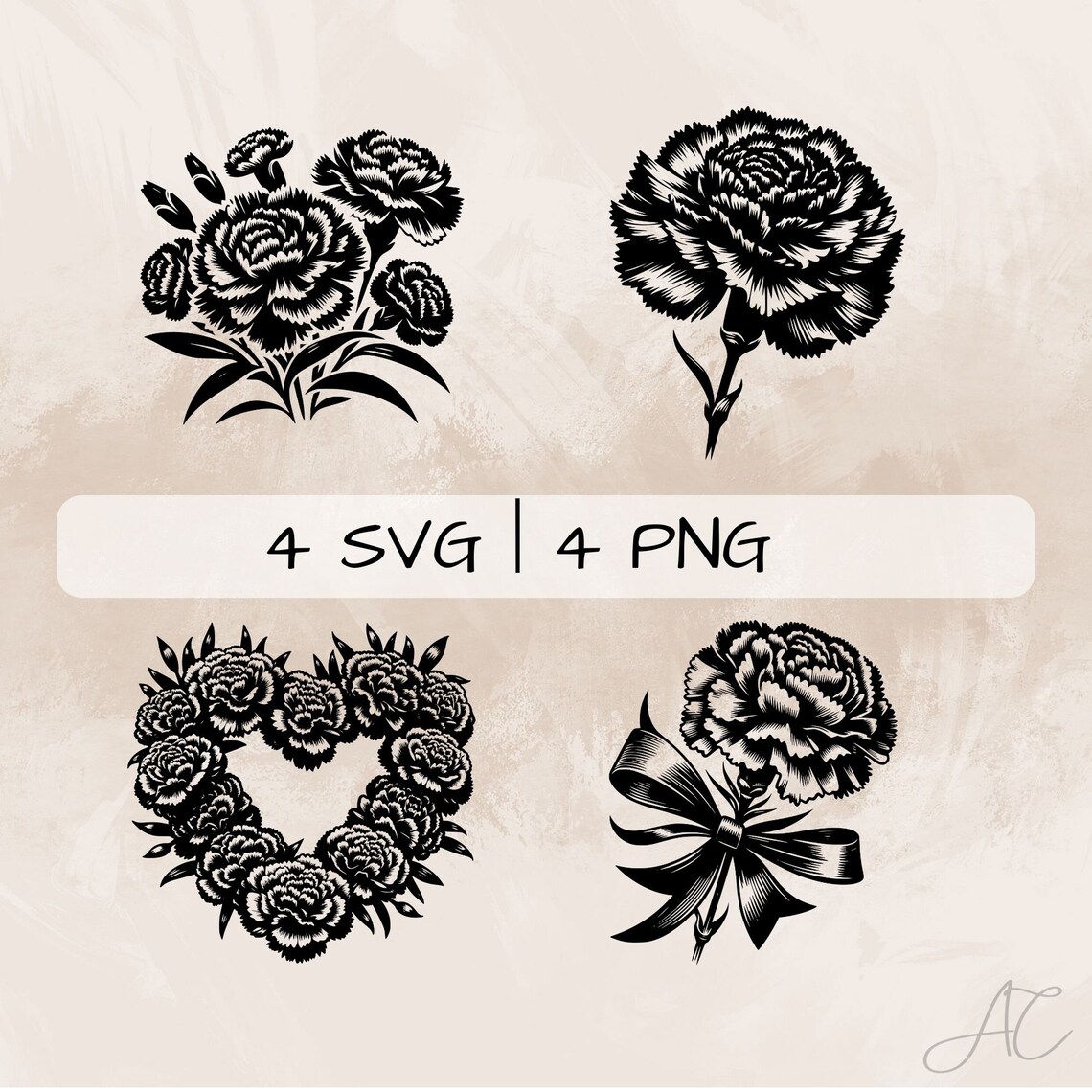 Carnation SVG Bundle, Carnations Bouquet PNG, Carnation With Bow ...