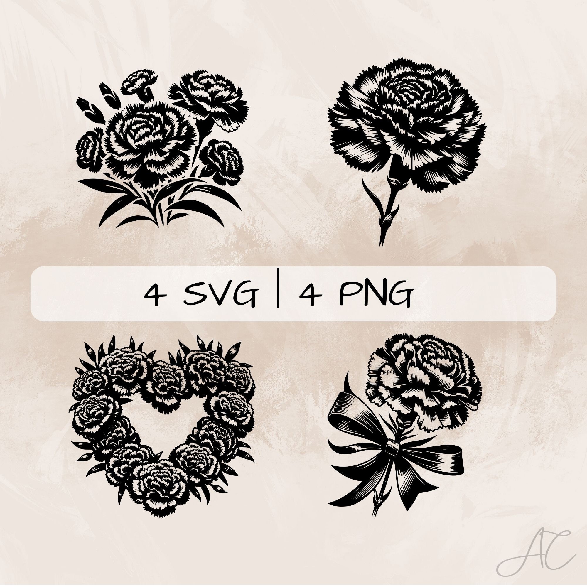 Carnation SVG Bundle, Carnations Bouquet PNG, Carnation With Bow ...
