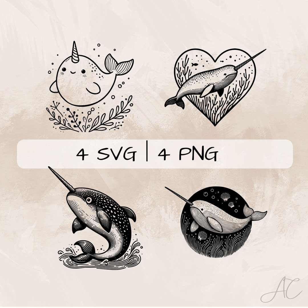 Narwhal SVG Bundle, Narwhal in Ocean PNG, Cute Narwhal Clipart, Hand ...