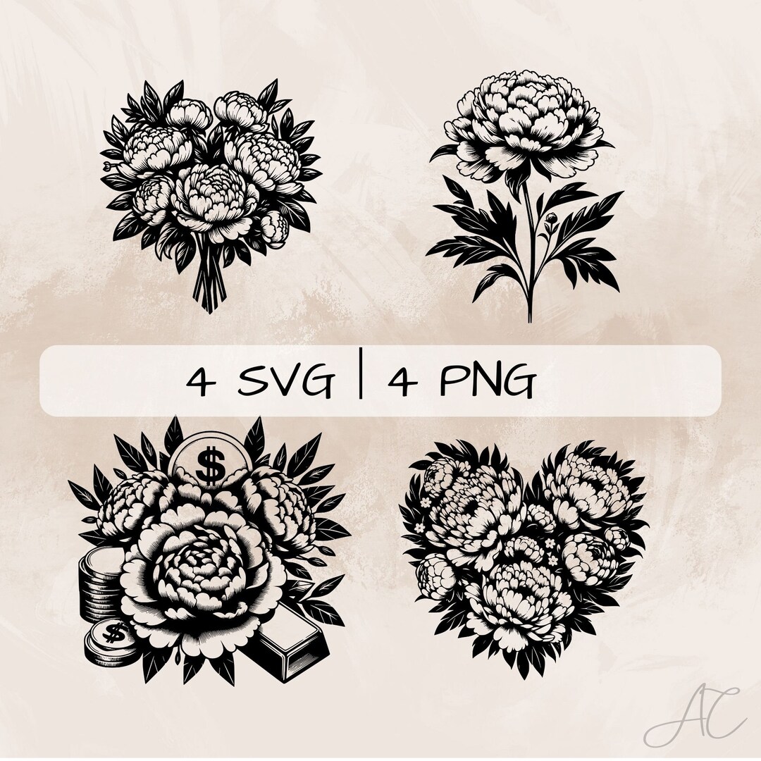 Peony SVG Bundle, Peonies PNG, Peonies and Wealth Clipart , Hand Drawn ...