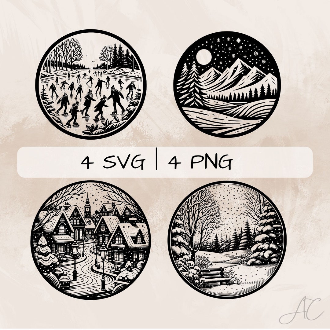 Winter Scene SVG Bundle, Town With Snow PNG, Ice Skating Clipart, Hand ...