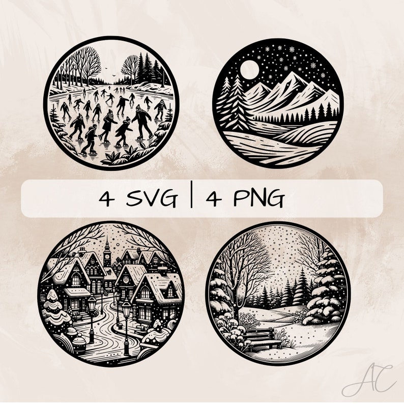 Winter Scene SVG Bundle, Town With Snow PNG, Ice Skating Clipart, Hand ...