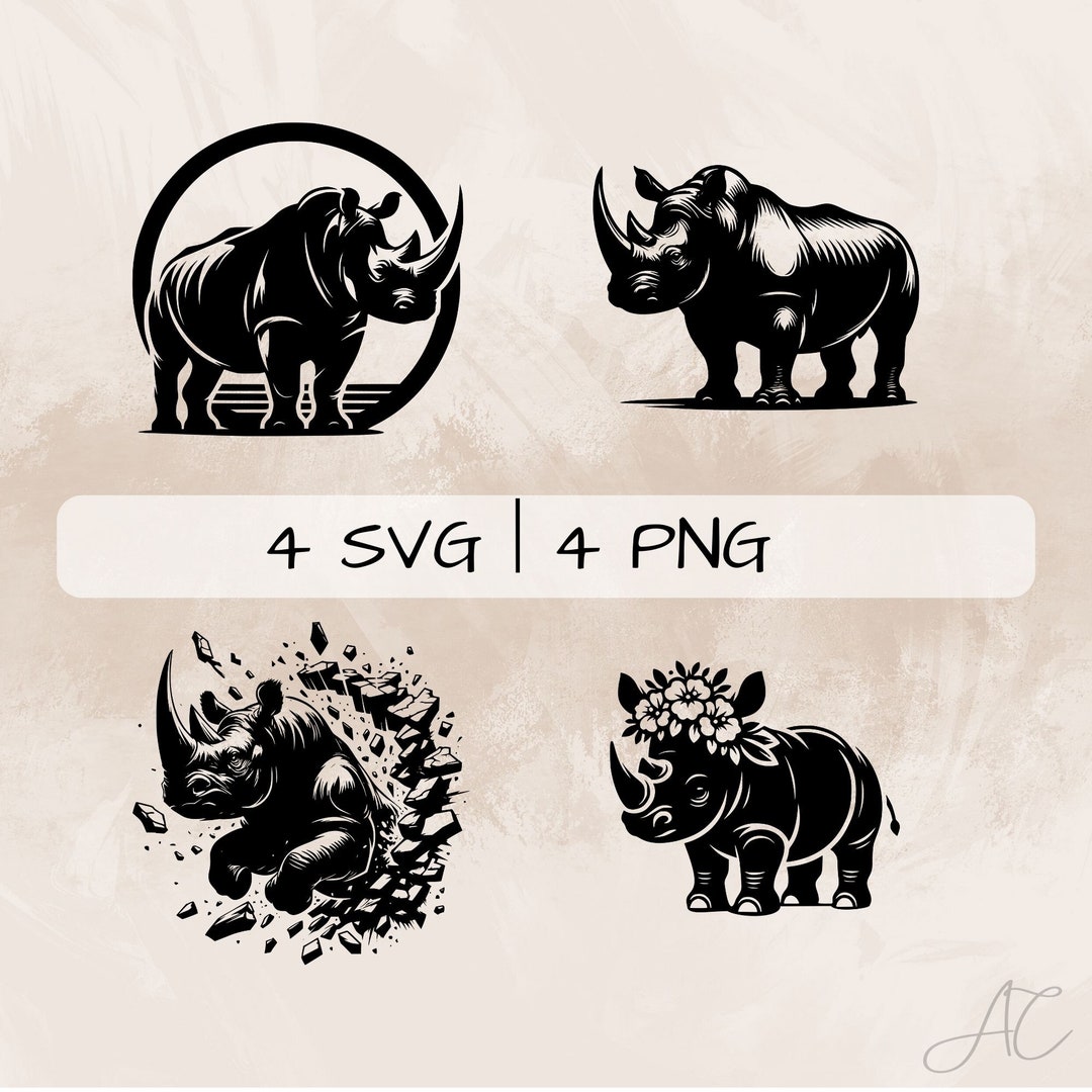 Rhinoceros SVG Bundle, Cute Rhinoceros PNG, Rhino Clipart, Hand Drawn ...