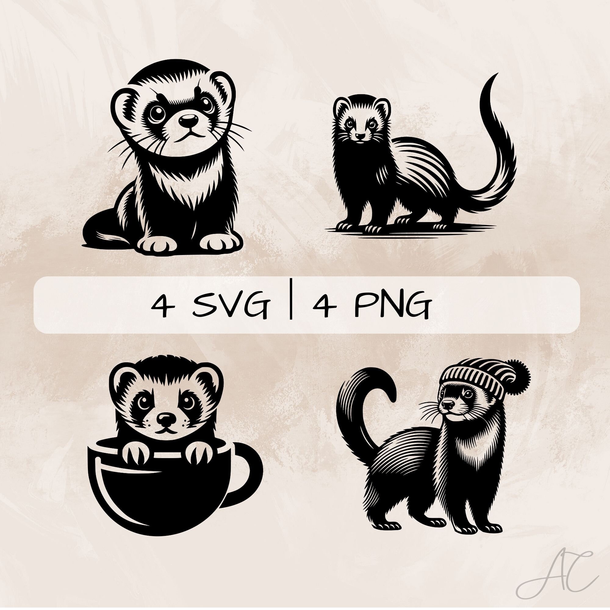 Ferret SVG Bundle, Cute Ferret PNG, Ferret With Hat Clipart, Hand Drawn ...