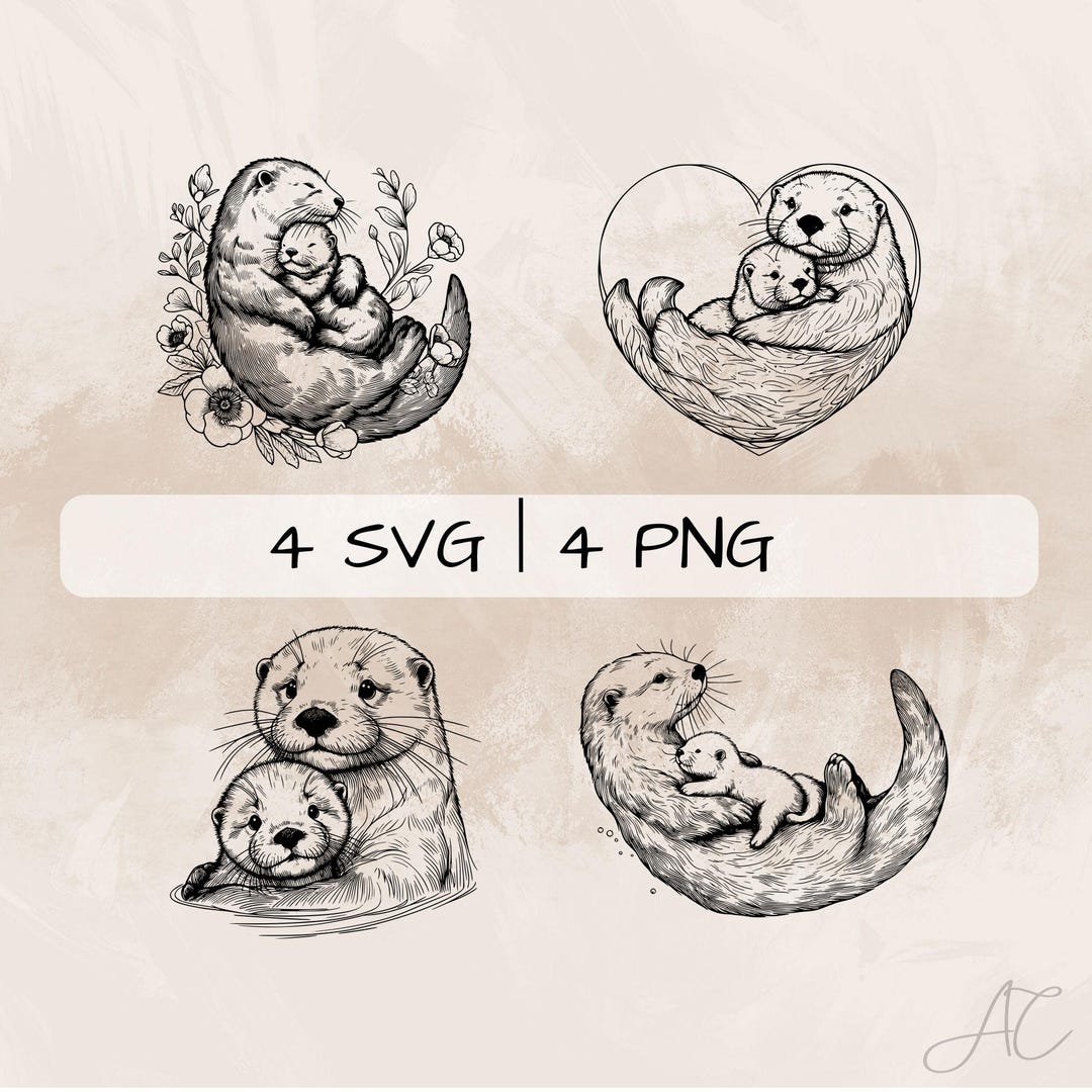 Otter Mom SVG Bundle, Otter Pup PNG, Otter and Pup Clipart, Hand Drawn ...