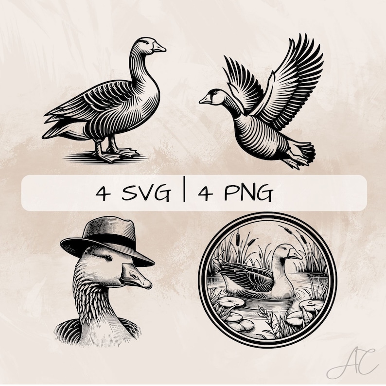 Goose SVG Bundle, Goose With Hat PNG, Goose in Pond Clipart, Hand Drawn ...