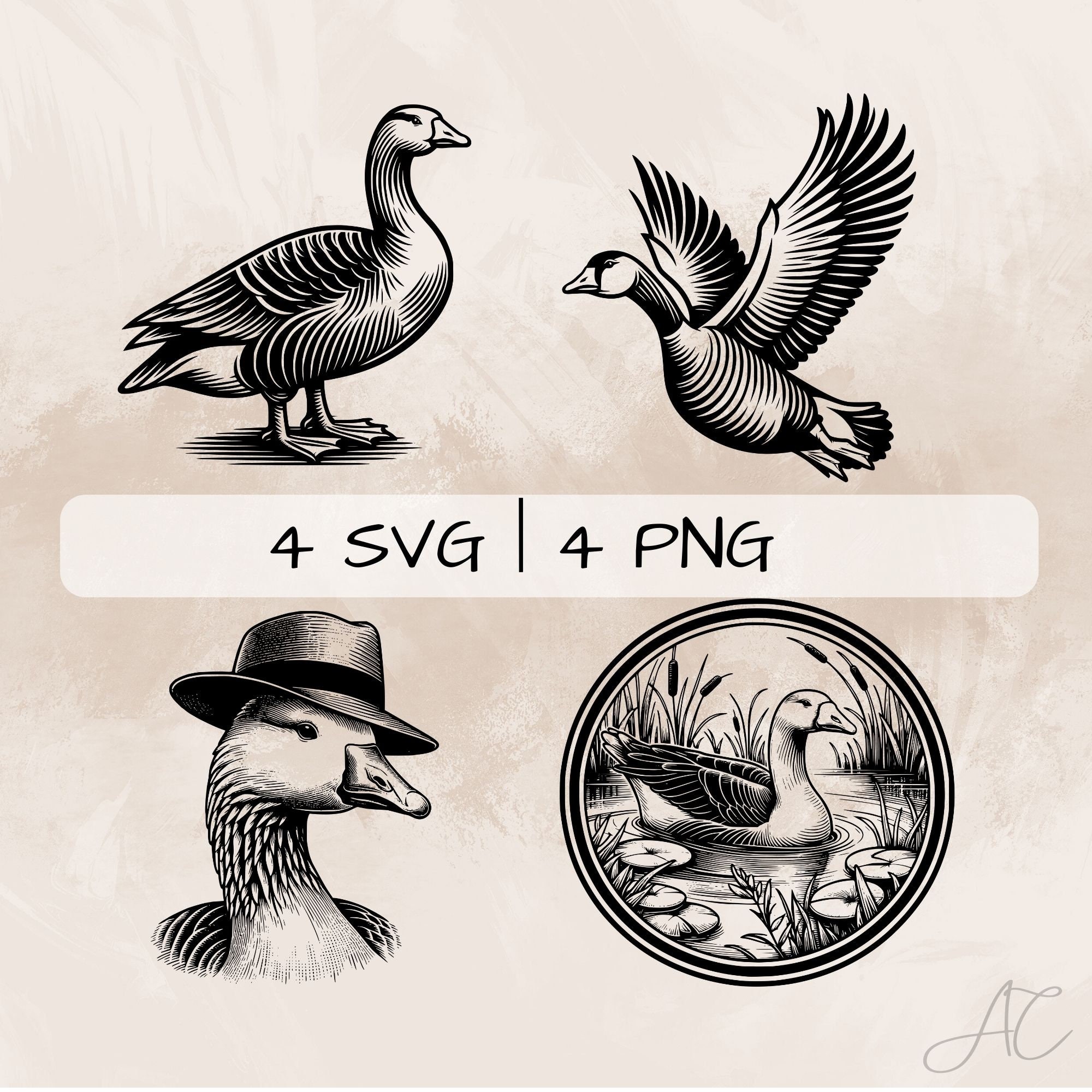 Goose SVG Bundle, Goose With Hat PNG, Goose in Pond Clipart, Hand Drawn ...