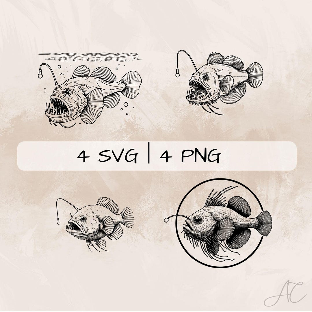 Delicate Anglerfish SVG Bundle, Anglerfish Line Art PNG, Anglerfish in ...
