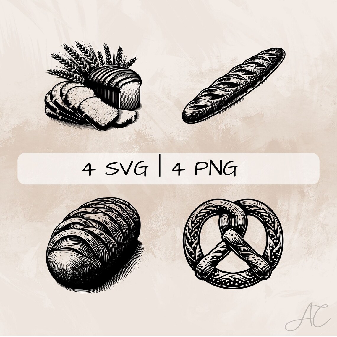 Bread SVG Bundle, Pretzel PNG, Baguette Clipart, Hand Drawn Bread ...