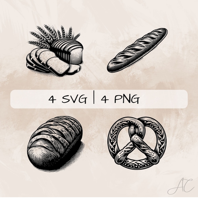 Bread SVG Bundle, Pretzel PNG, Baguette Clipart, Hand Drawn Bread ...