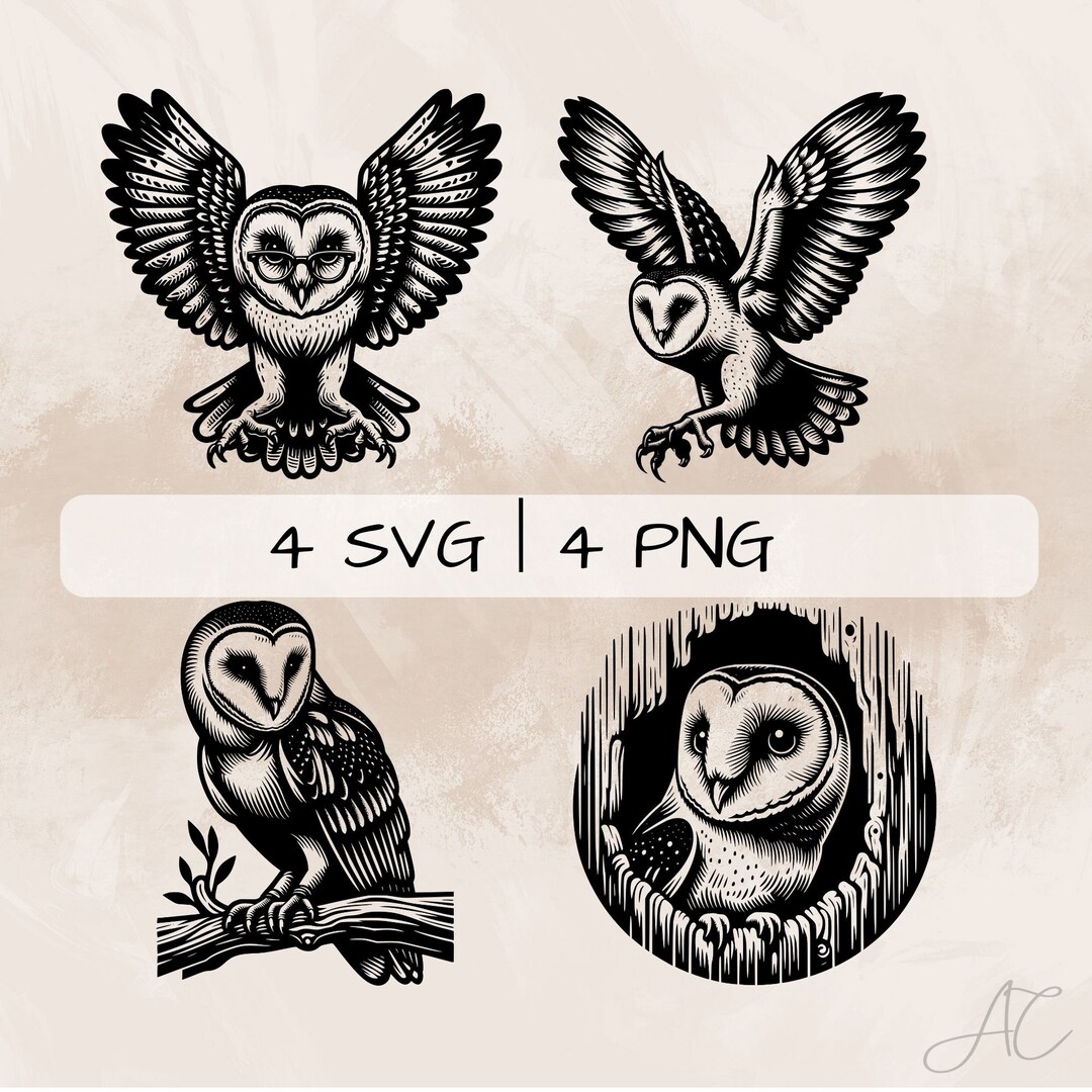 Barn Owl SVG Bundle, Owl With Glasses PNG, Owl Flying Clipart, Hand ...
