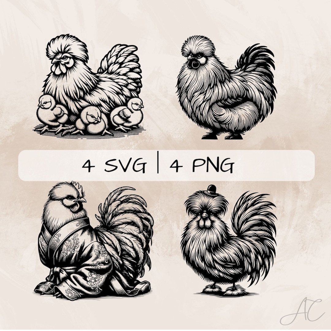 Silkie Chicken SVG Bundle, Chicken PNG, Chicken With Hen Clipart, Hand ...