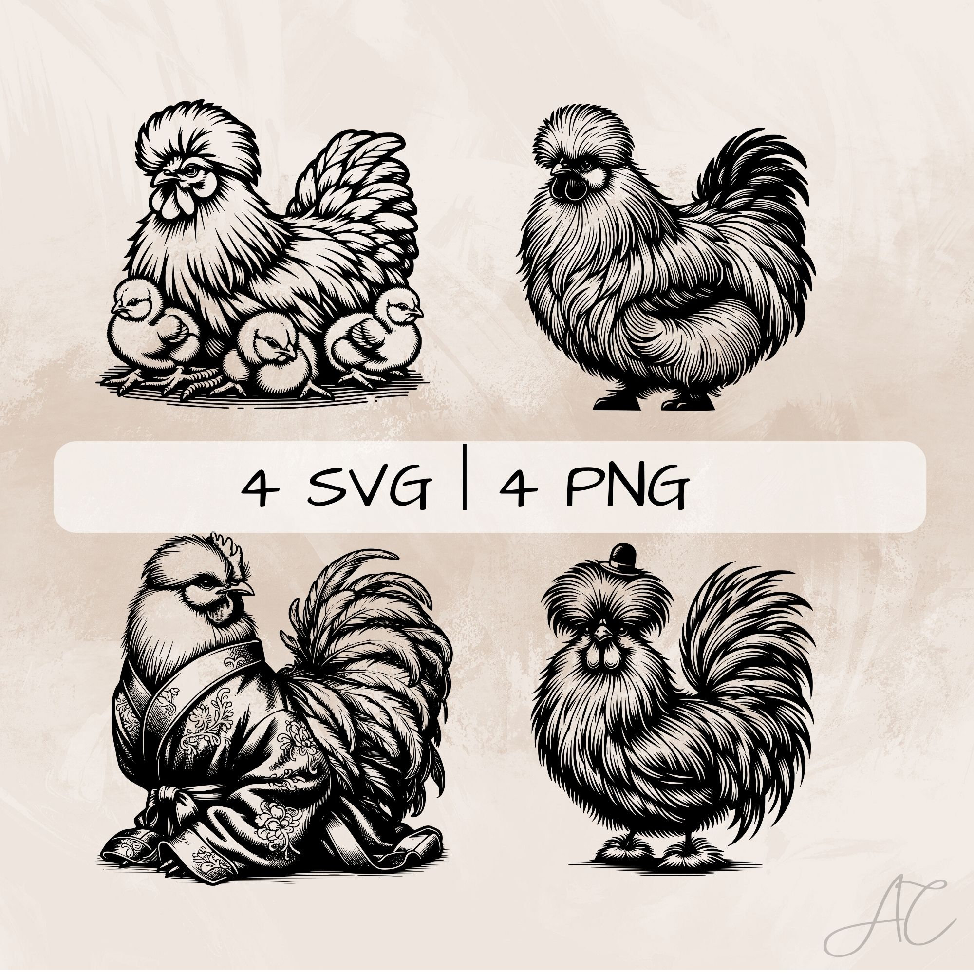Silkie Chicken SVG Bundle, Chicken PNG, Chicken With Hen Clipart, Hand ...