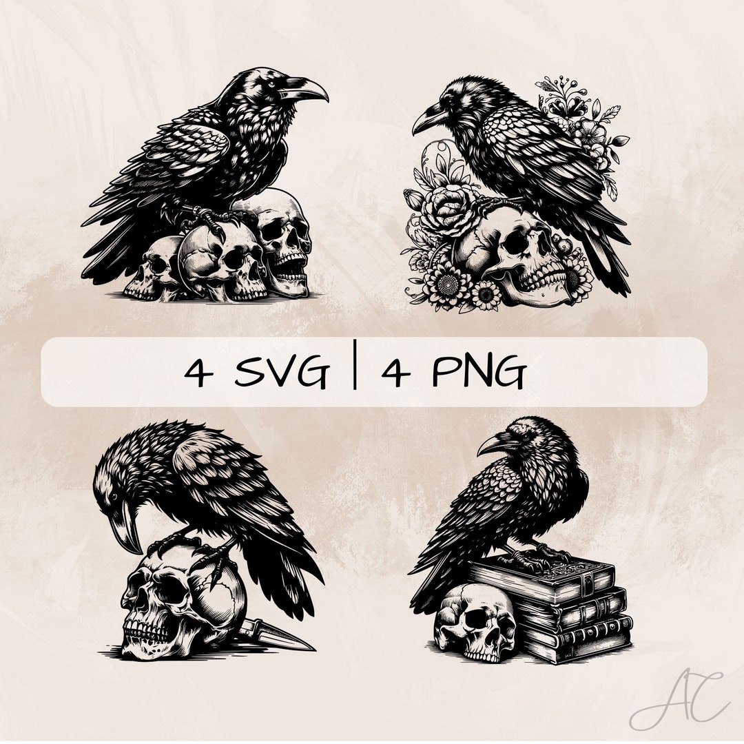 Raven SVG Bundle, Raven and Skull PNG, Floral Raven Clipart, Hand Drawn ...