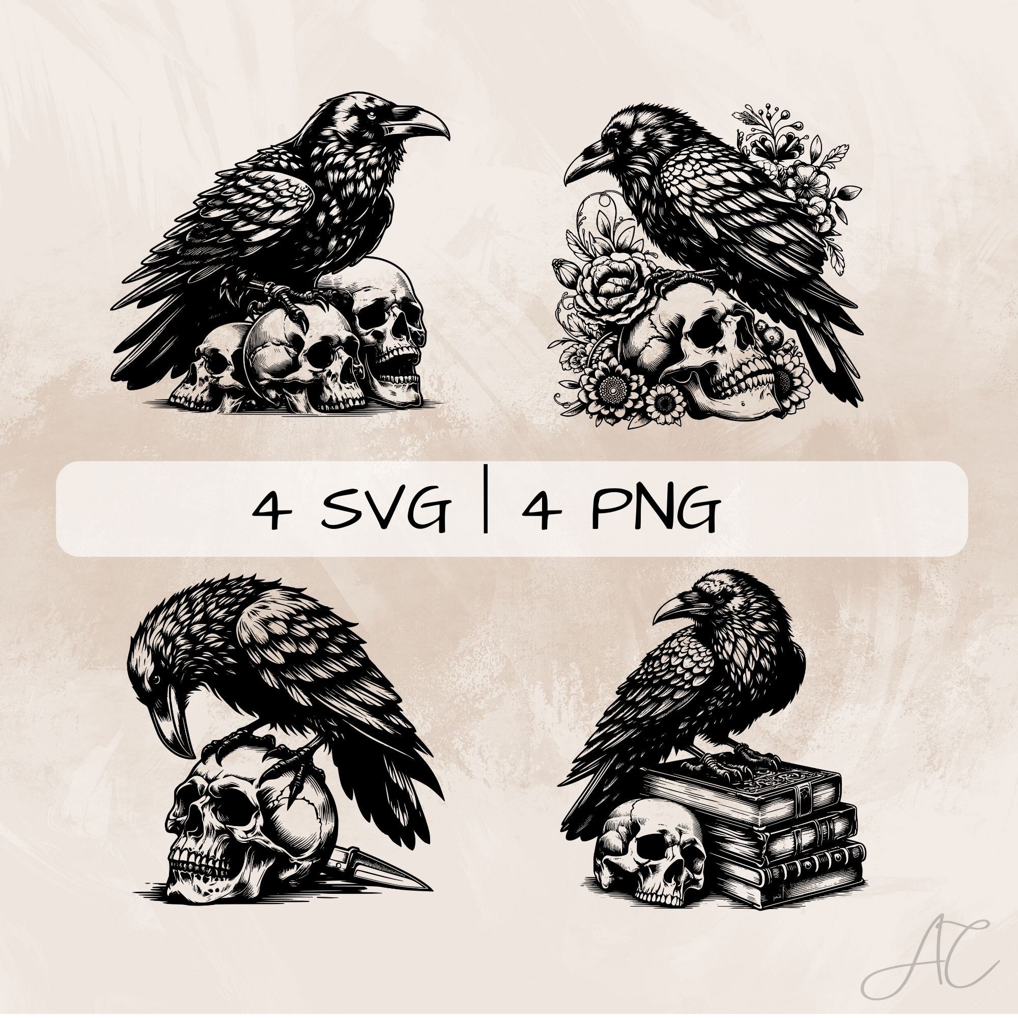 Raven SVG Bundle, Raven and Skull PNG, Floral Raven Clipart, Hand Drawn ...