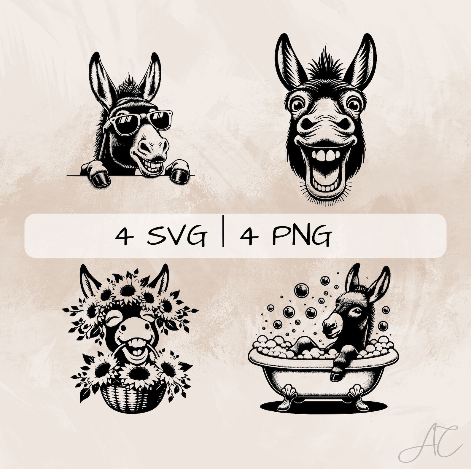 Donkey SVG Bundle, Donkey With Flowers PNG, Donkey With Sunglasses ...