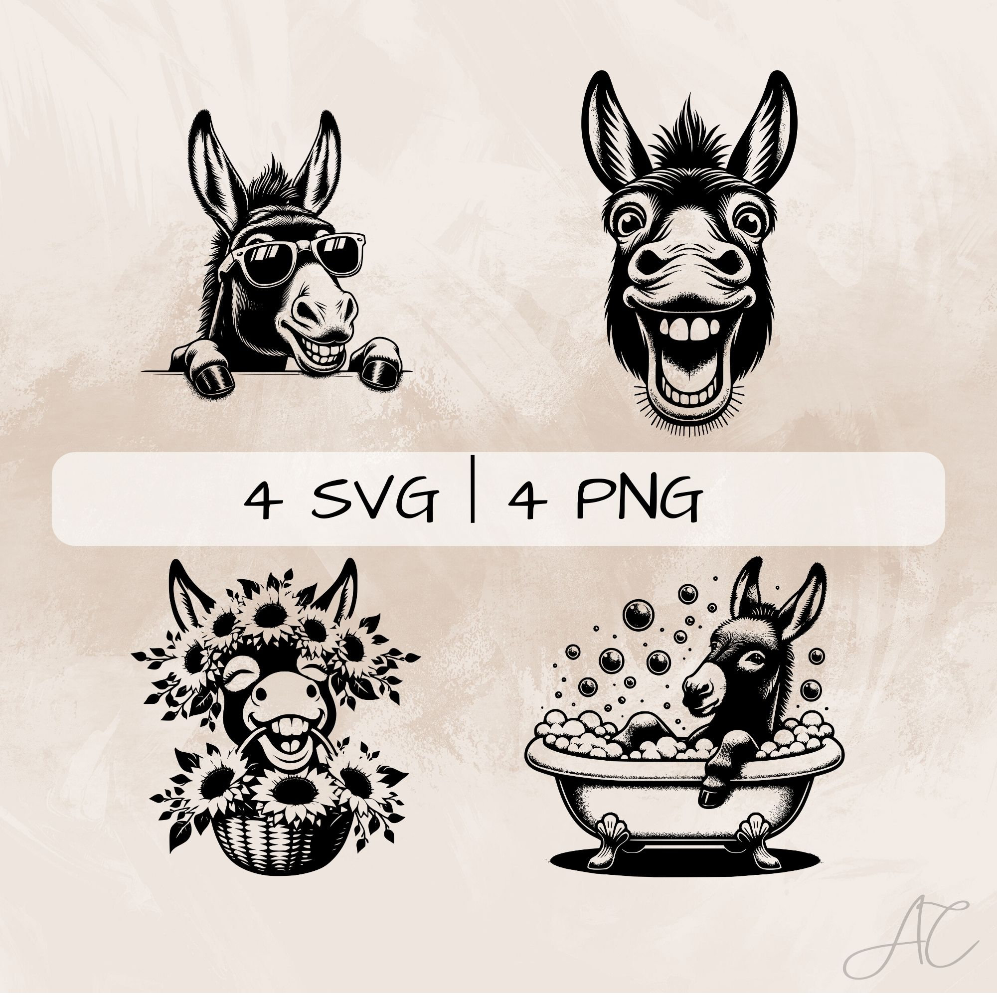 Donkey SVG Bundle, Donkey With Flowers PNG, Donkey With Sunglasses ...