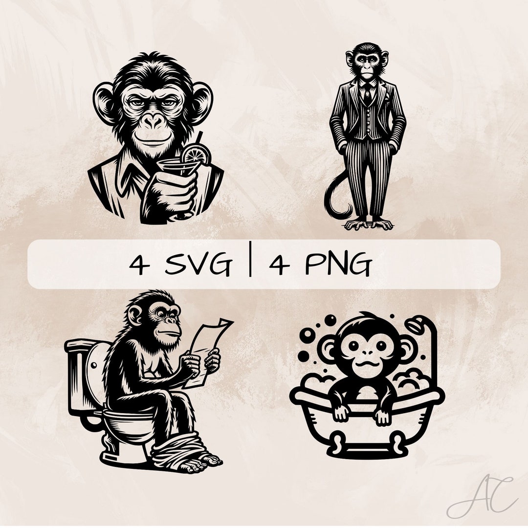 Monkey SVG Bundle, Monkey in Toilet PNG, Monkey With Suit Clipart, Hand Drawn Monkey Pictures ...
