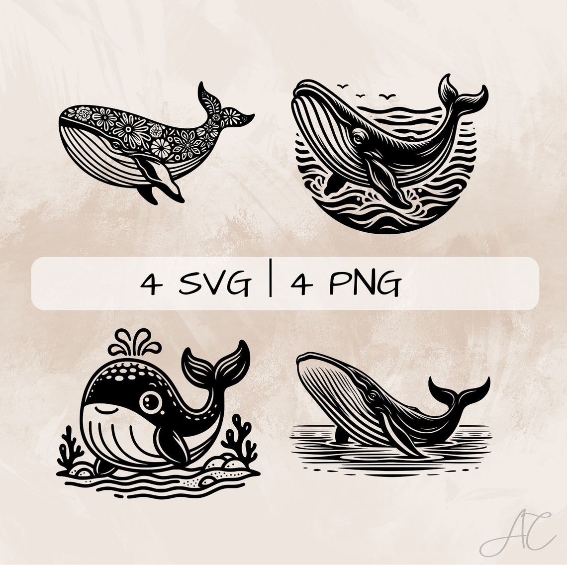 Whale SVG Bundle, Whale in Sea PNG, Floral Whale Clipart, Hand Drawn ...