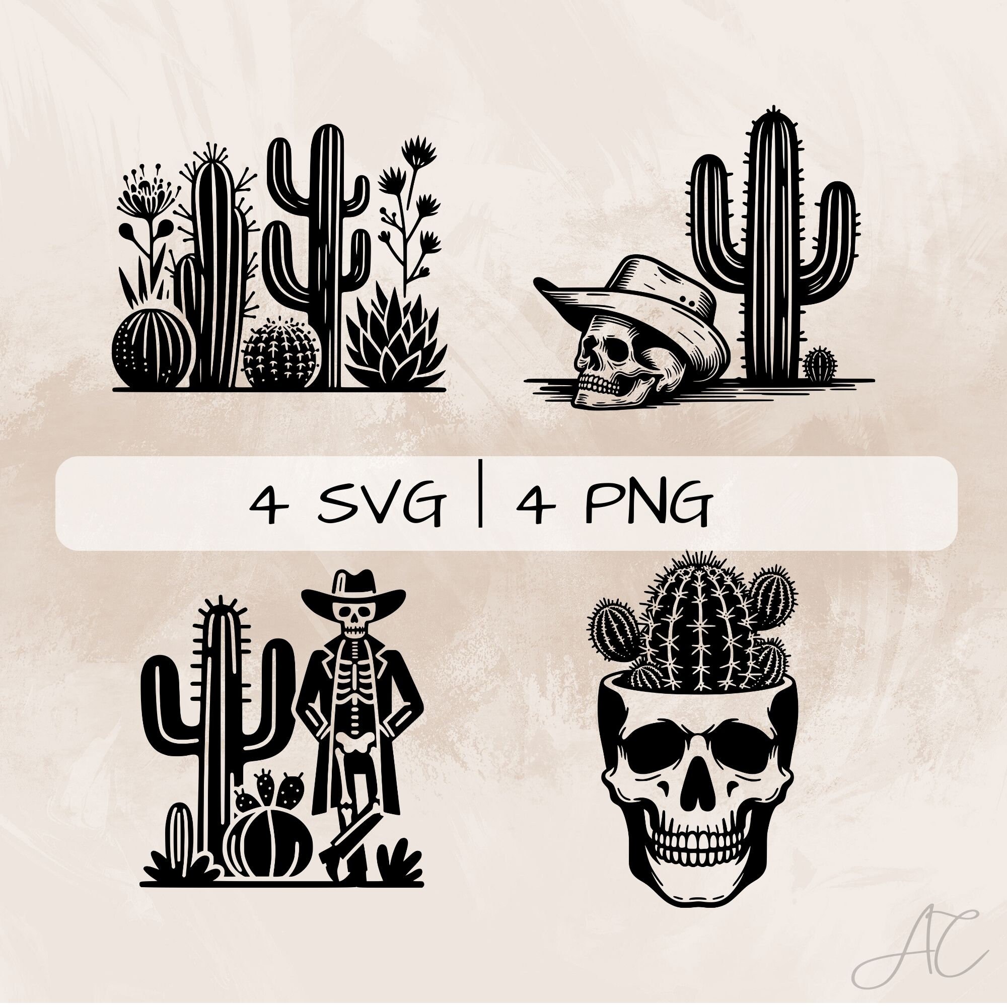 Cactus SVG Bundle, Cactus and Skull PNG, Cactus and Skeleton Clipart ...