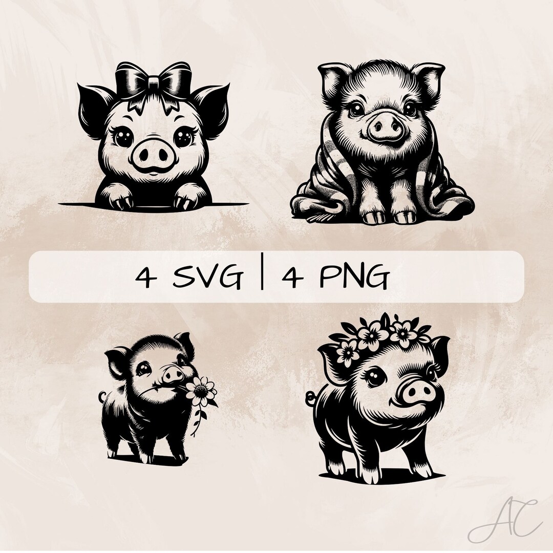 Cute Pig SVG Bundle, Pig With Bow PNG, Pig With Flowers Clipart, Hand ...