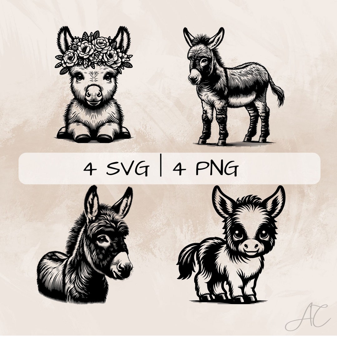 Miniature Donkey SVG Bundle, Mini Donkey PNG, Donkey Clipart, Hand ...
