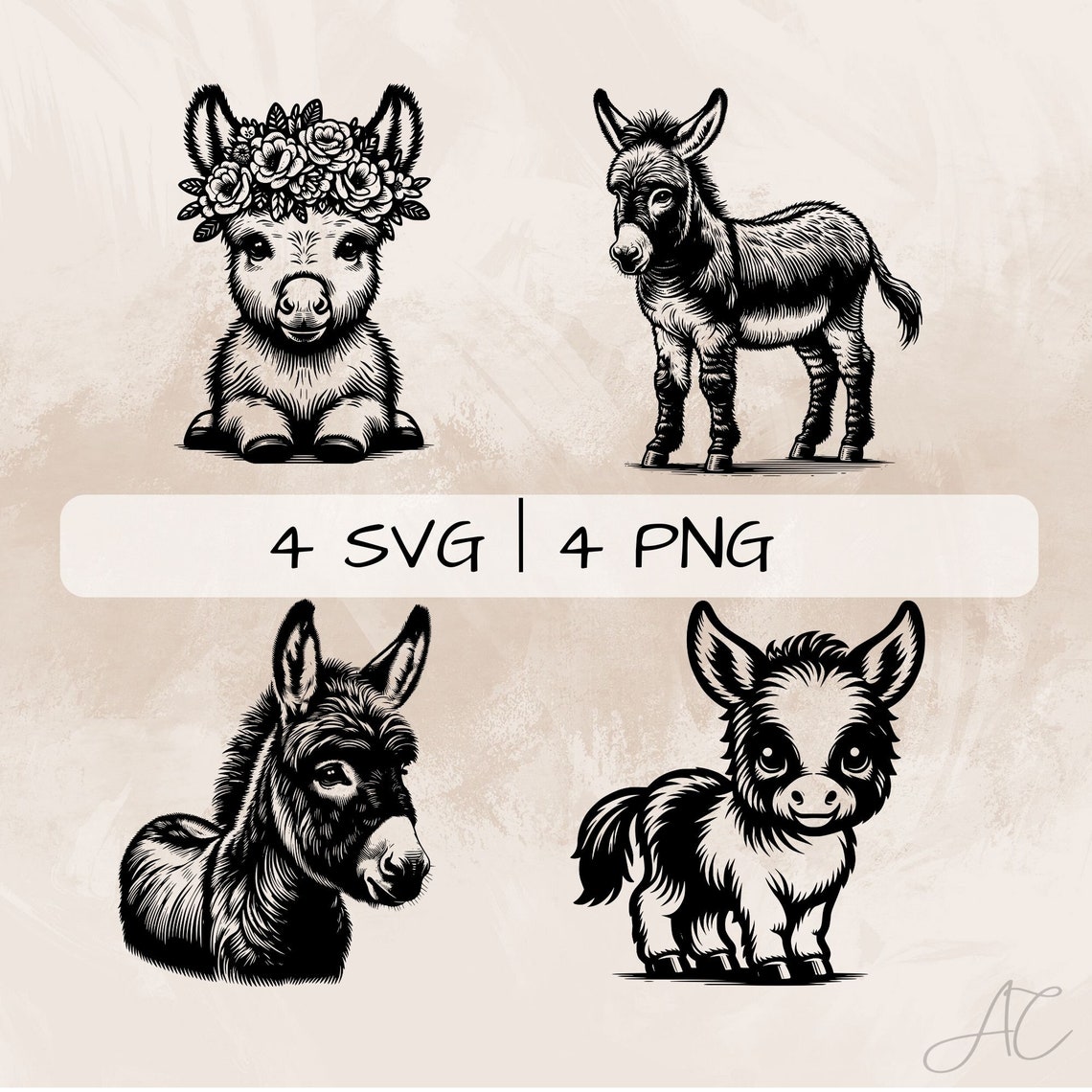 Miniature Donkey SVG Bundle, Mini Donkey PNG, Donkey Clipart, Hand ...