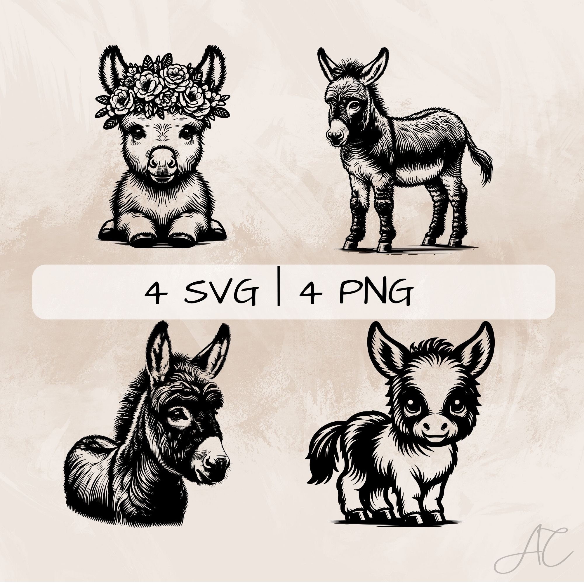 Miniature Donkey SVG Bundle, Mini Donkey PNG, Donkey Clipart, Hand ...