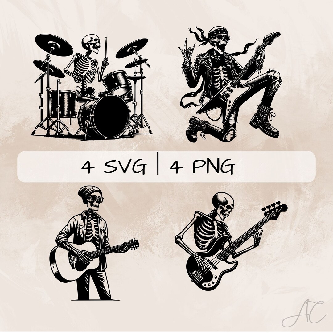 Skeleton Musician SVG Bundle, Skeleton Guitarist PNG, Skeleton Drummer ...
