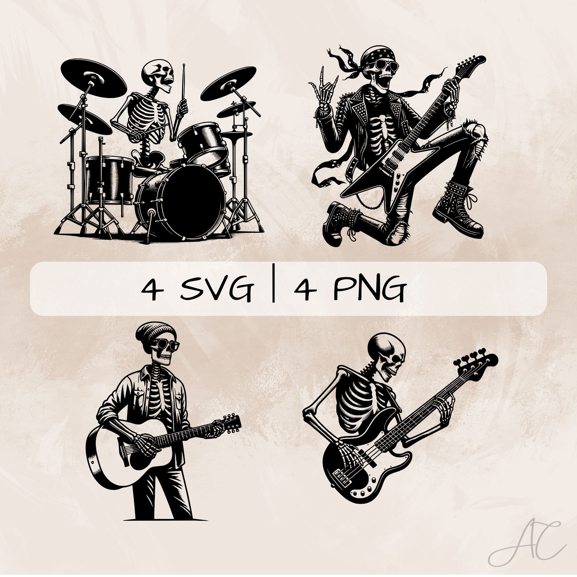 Skeleton Musician SVG Bundle, Skeleton Guitarist PNG, Skeleton Drummer ...