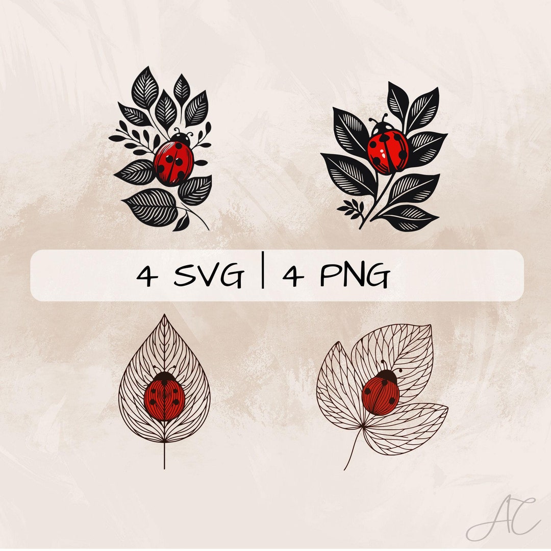 Ladybug SVG Bundle, Red Ladybug PNG, Ladybug and Leaf Clipart, Hand ...