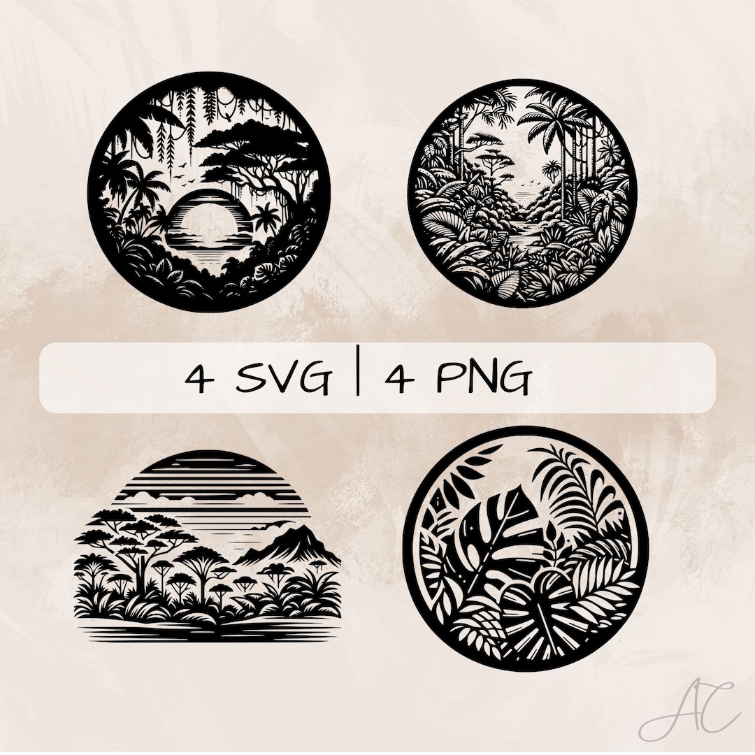 Jungle SVG Bundle, Jungle Scene PNG, Jungle Trees Clipart, Hand Drawn ...