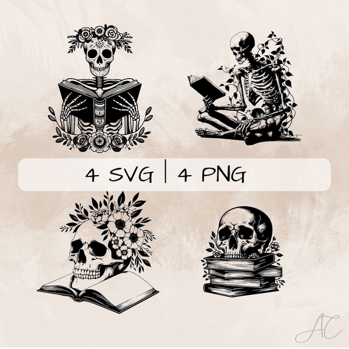 Skull and Books SVG Bundle, Skeleton Reading PNG, Books With Skull ...