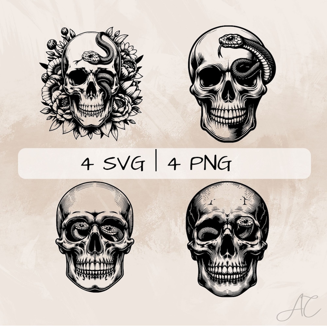 Skull and Snake SVG Bundle, Skull With Snake PNG, Snake in Skull ...