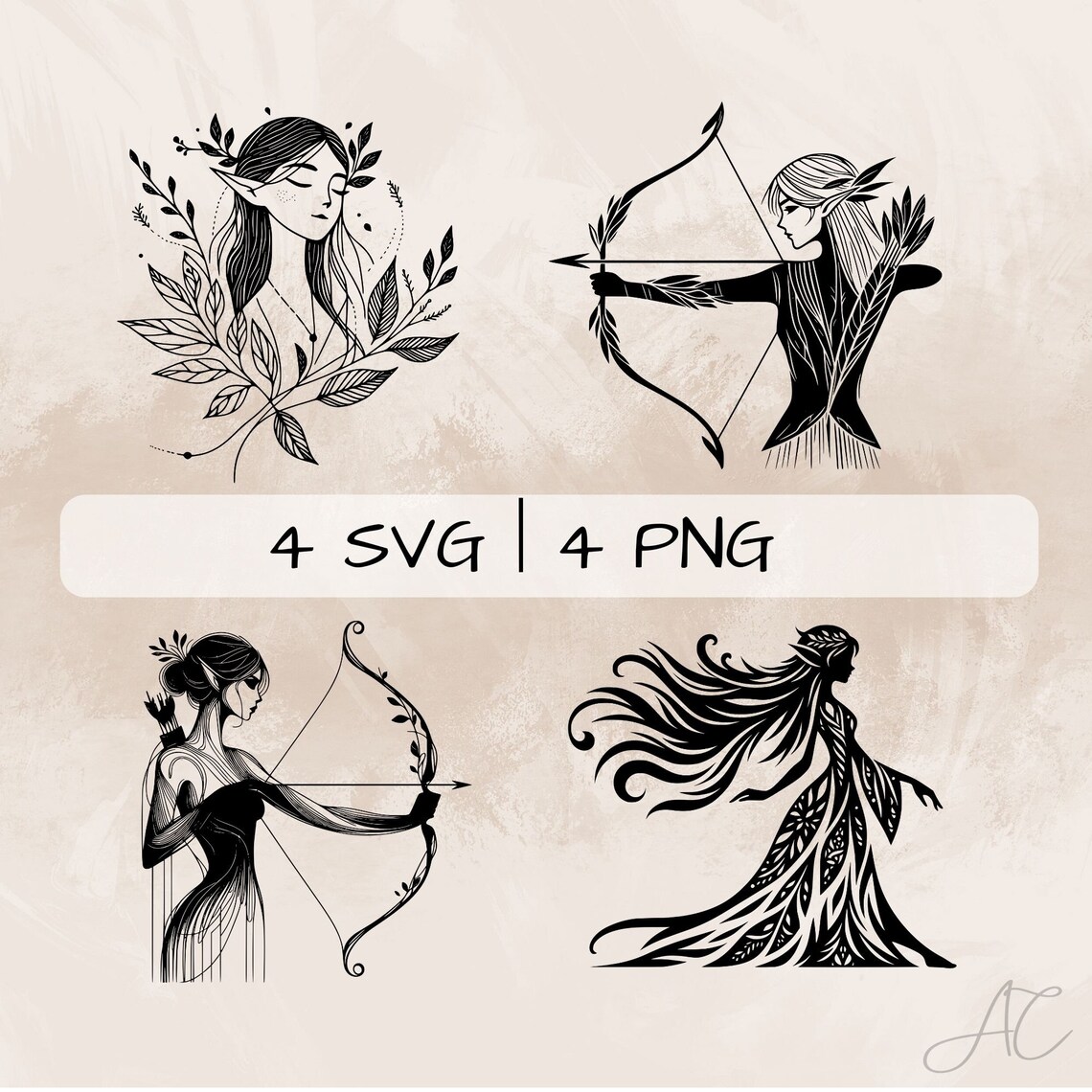Female Elf SVG Bundle, Elf PNG, Elf With Bow Clipart, Hand Drawn Female ...