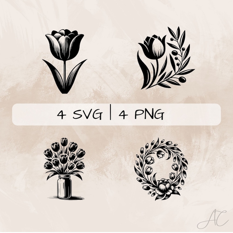 Tulip SVG Bundle, Tulip Wreath PNG, Tulip in Vase Clipart, Hand Drawn ...