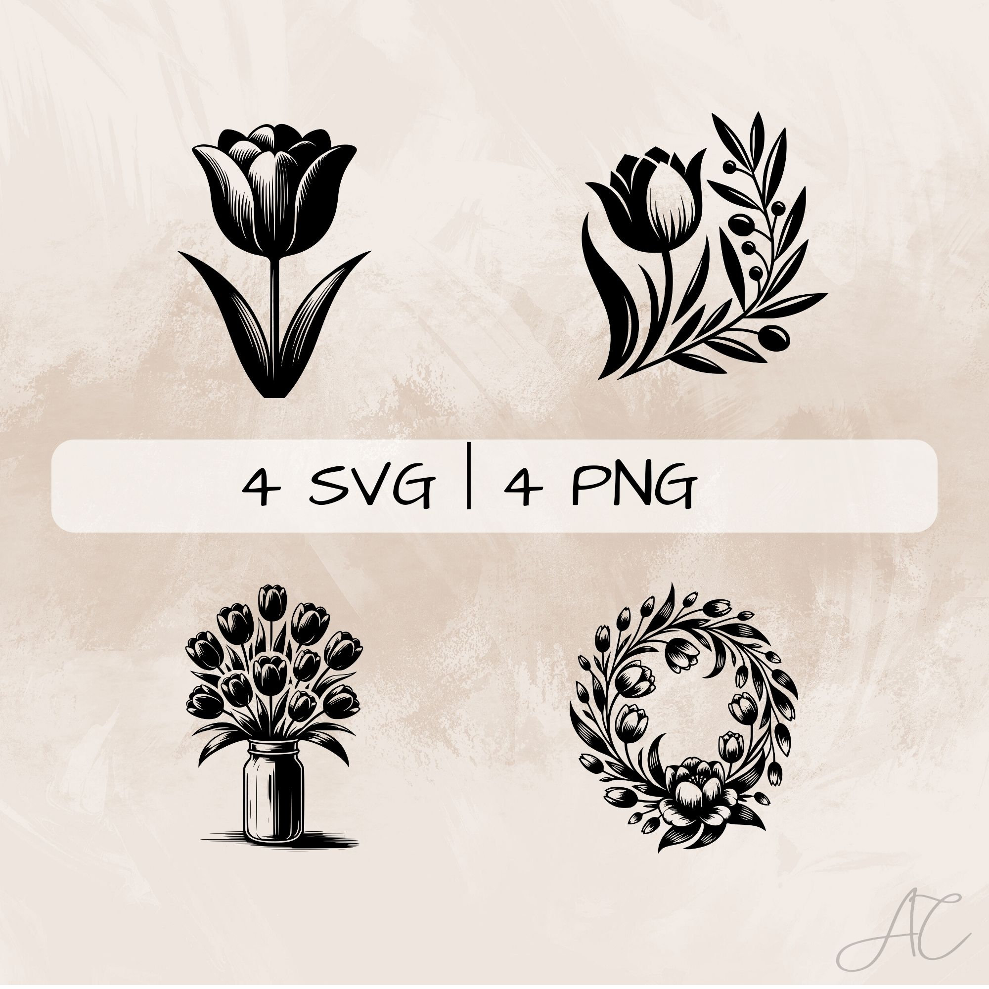 Tulip SVG Bundle, Tulip Wreath PNG, Tulip in Vase Clipart, Hand Drawn ...