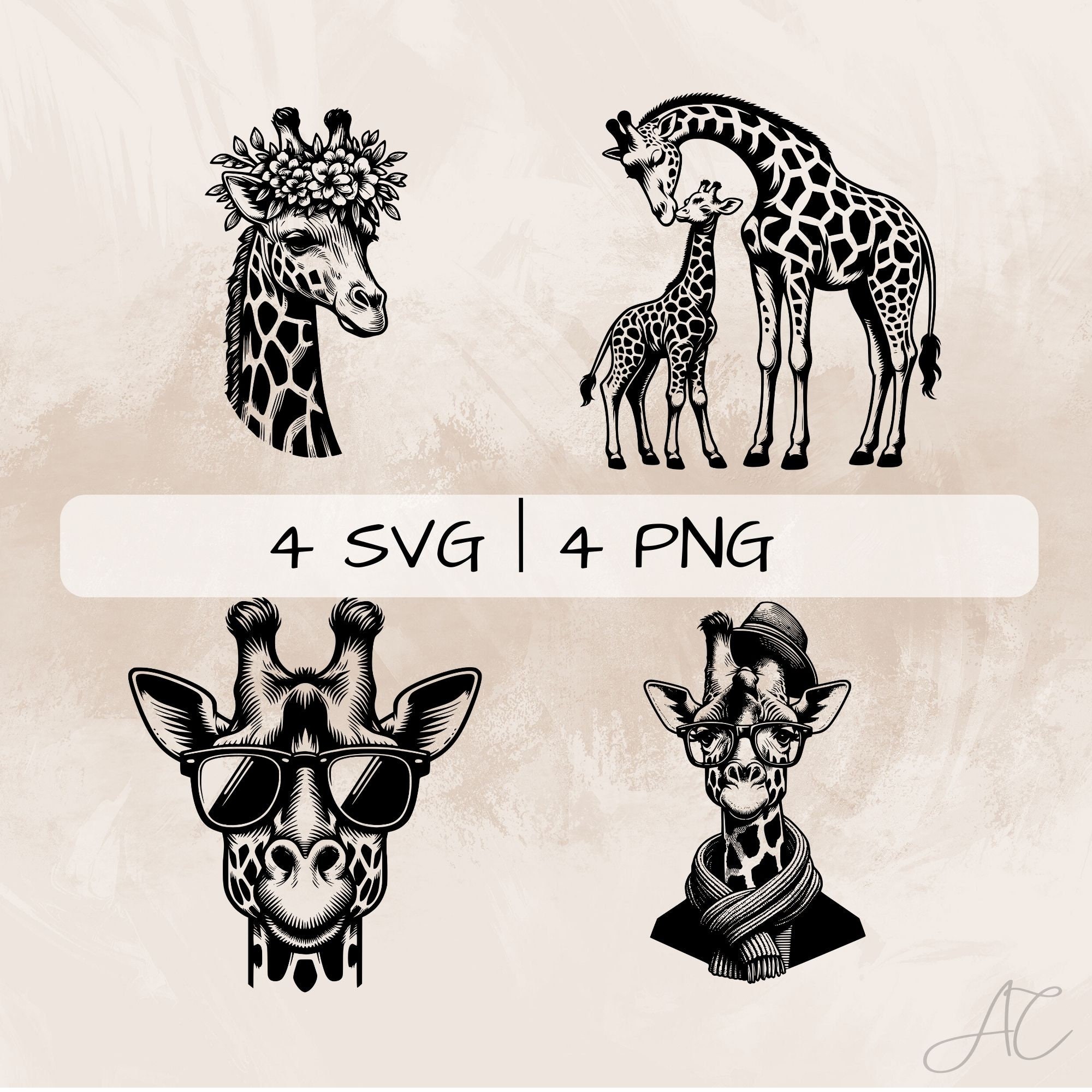 Giraffe SVG Bundle, Floral Giraffe PNG, Giraffe With Sunglasses Clipart ...