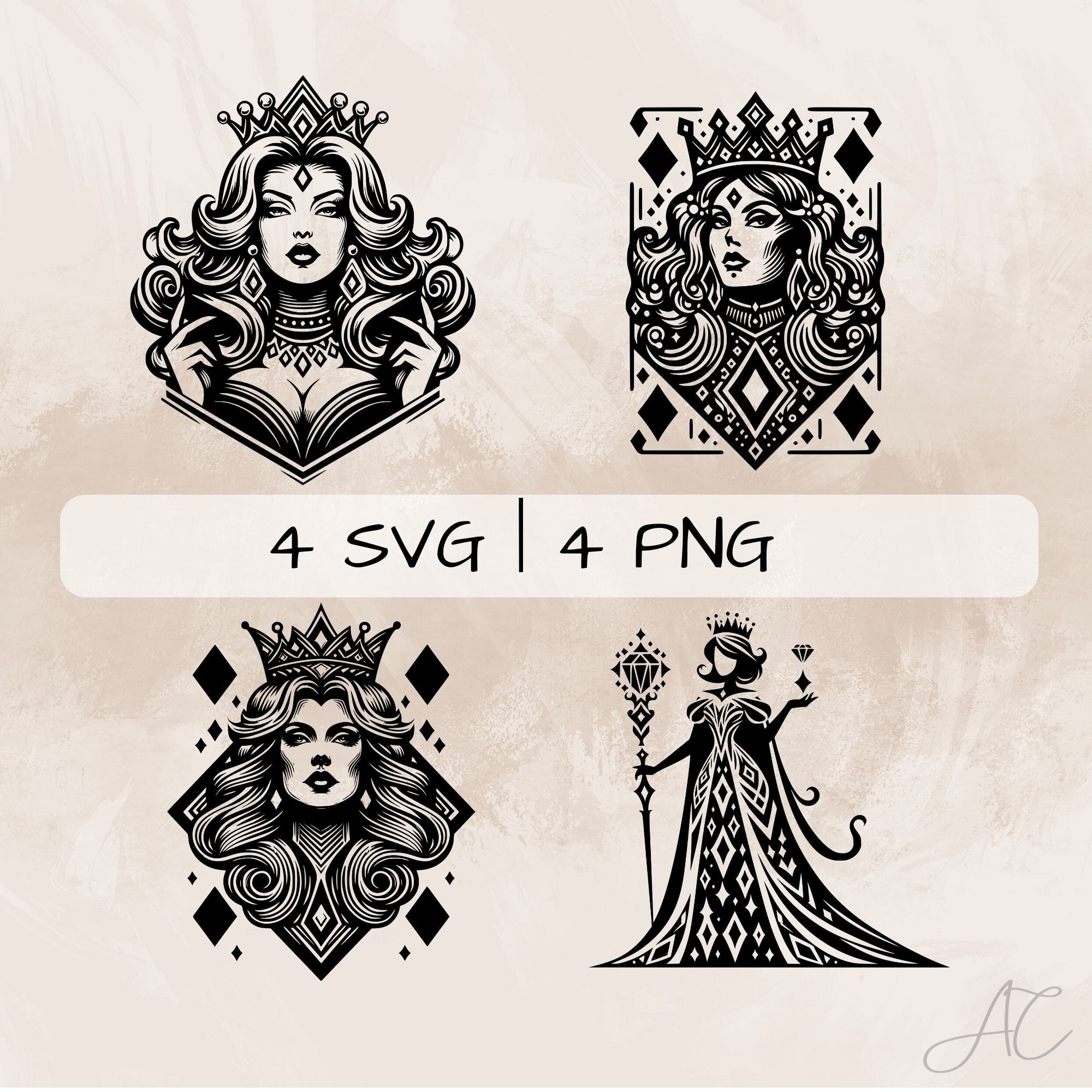 Queen of Diamonds SVG Bundle, Queen PNG, Diamond Queen Clipart, Hand ...