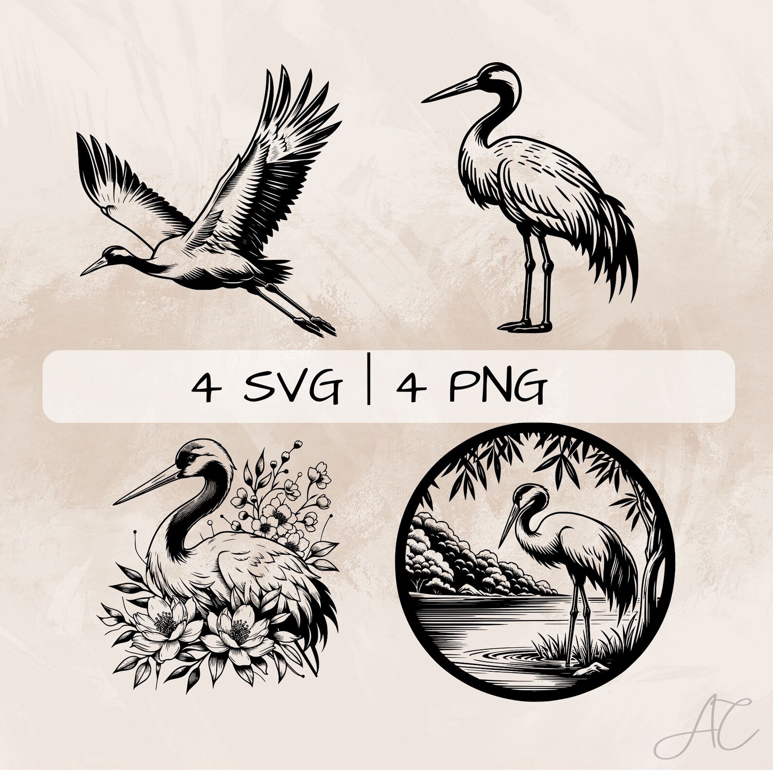 Kranich SVG Bundle, fliegender Kranich PNG, Kranich mit Blumen Clipart ...