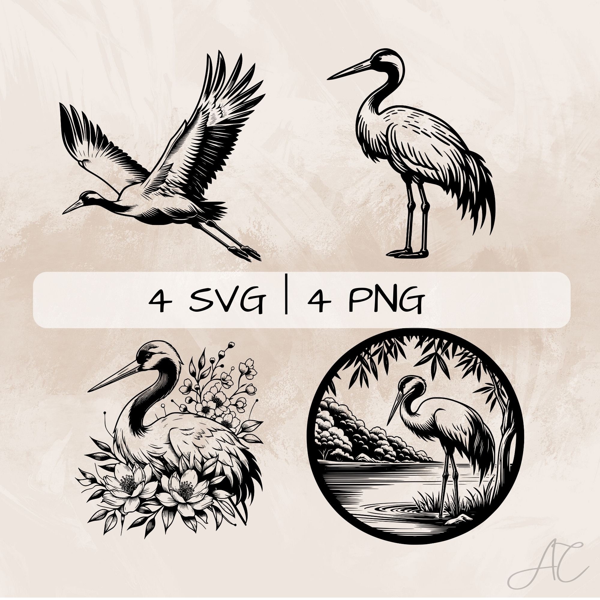 Crane SVG Bundle, Flying Crane PNG, Crane With Flowers Clipart, Hand ...