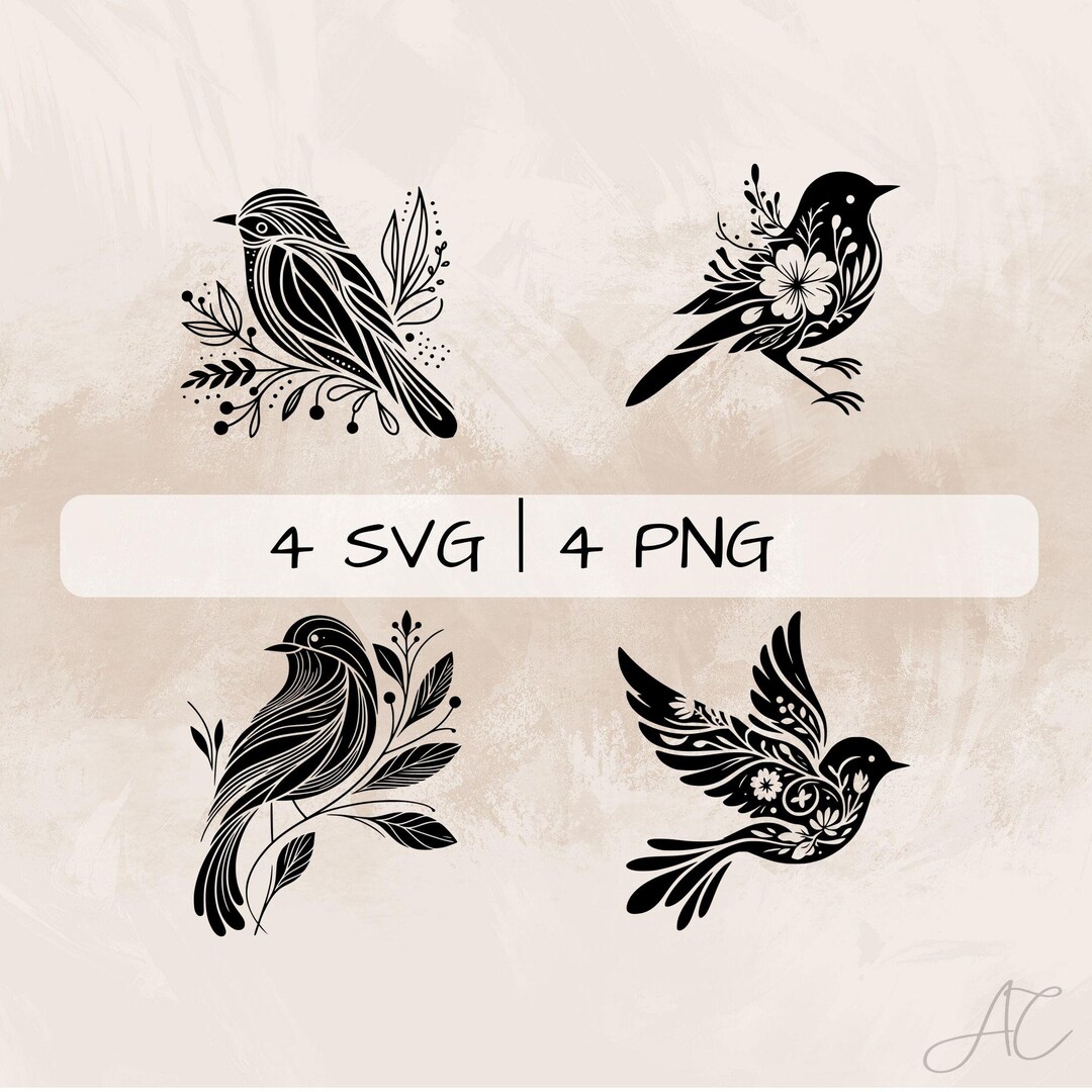 Floral Bird SVG Bundle, Bird PNG, Bird and Flowers Clipart, Hand Drawn ...