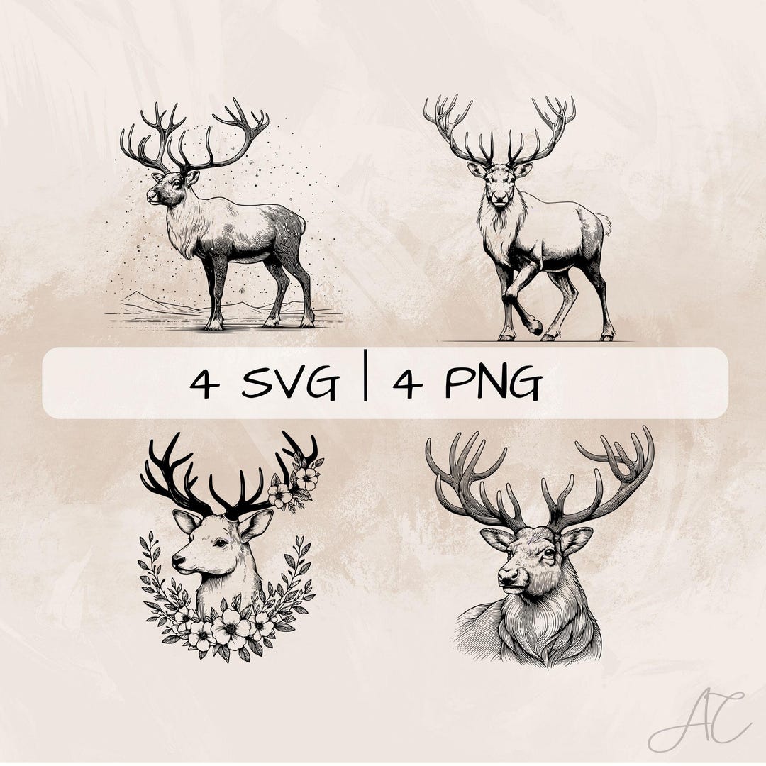 Reindeer SVG Bundle, Caribou PNG ,reindeer Clipart, Hand Drawn Reindeer ...