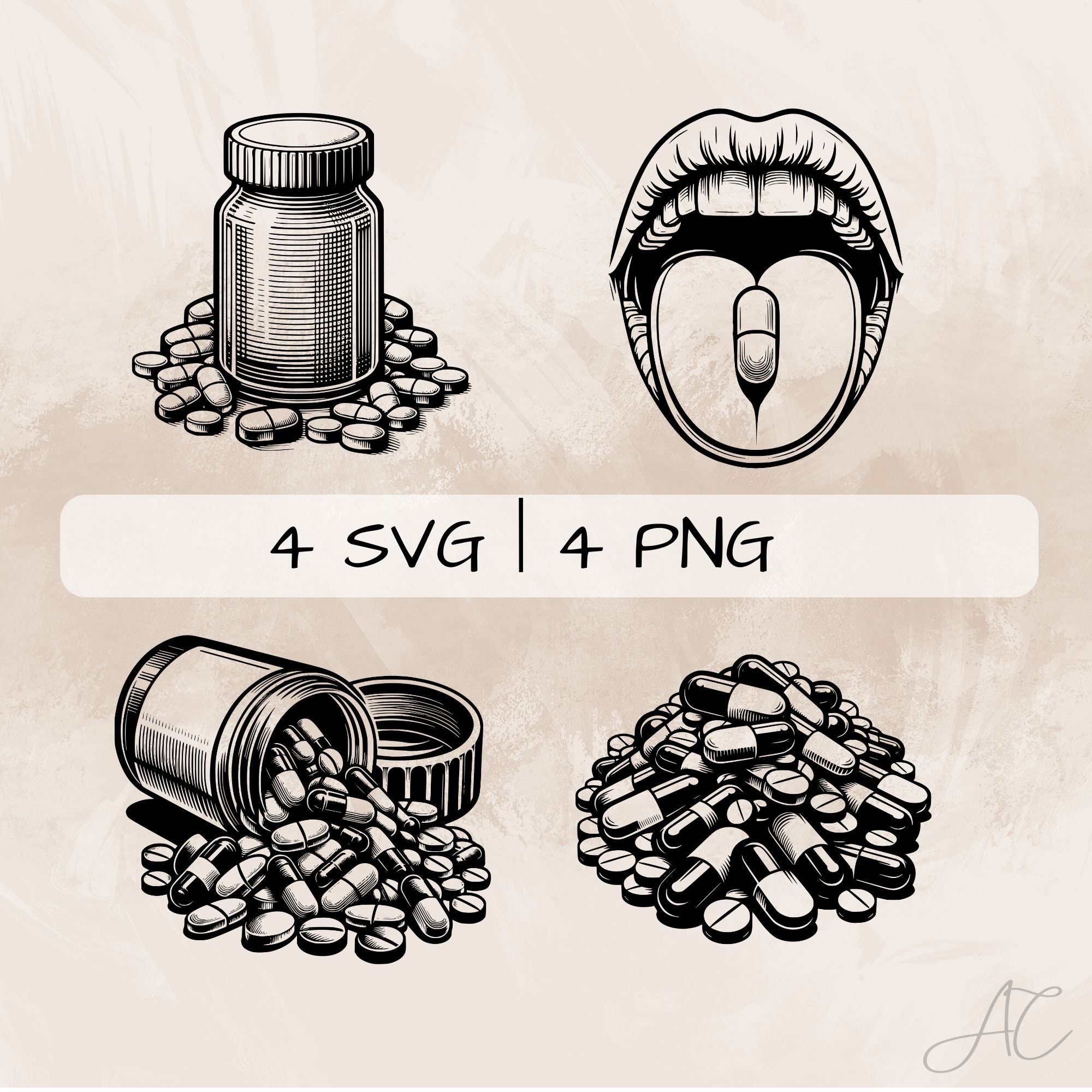 Pills SVG Bundle, Pill and Tongue PNG, Pill Box Clipart, Hand Drawn ...