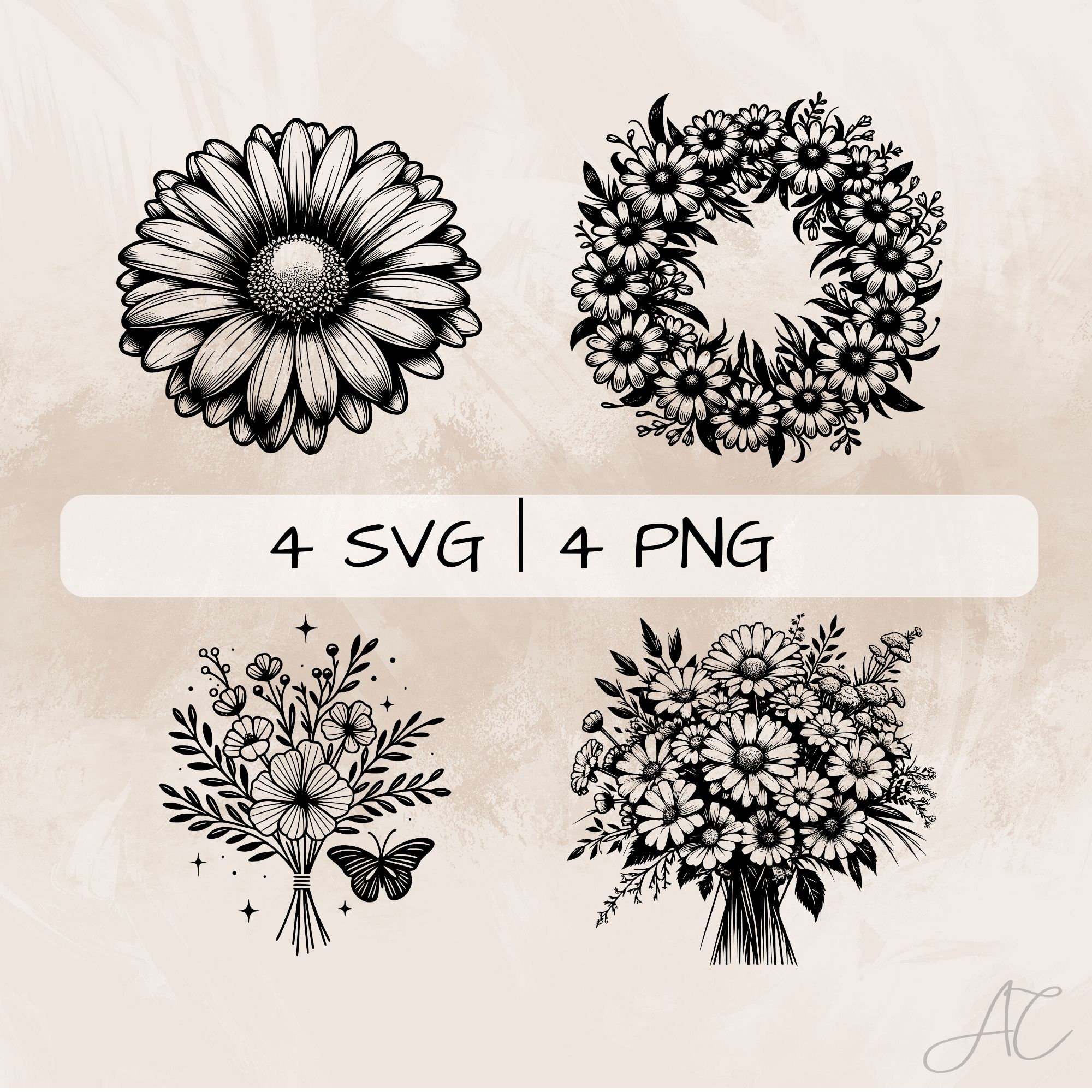 Daisy SVG Bundle, Daisy Wreath PNG, Daisy Boquet Clipart, Hand Drawn ...