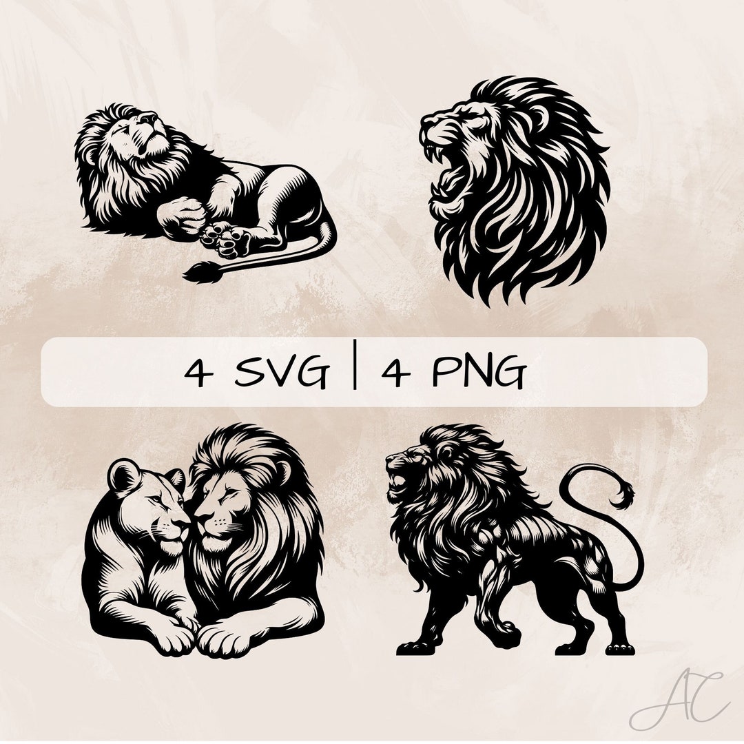 Lion SVG Bundle, Lion and Lioness PNG, Lion Roaring Clipart, Hand Drawn ...