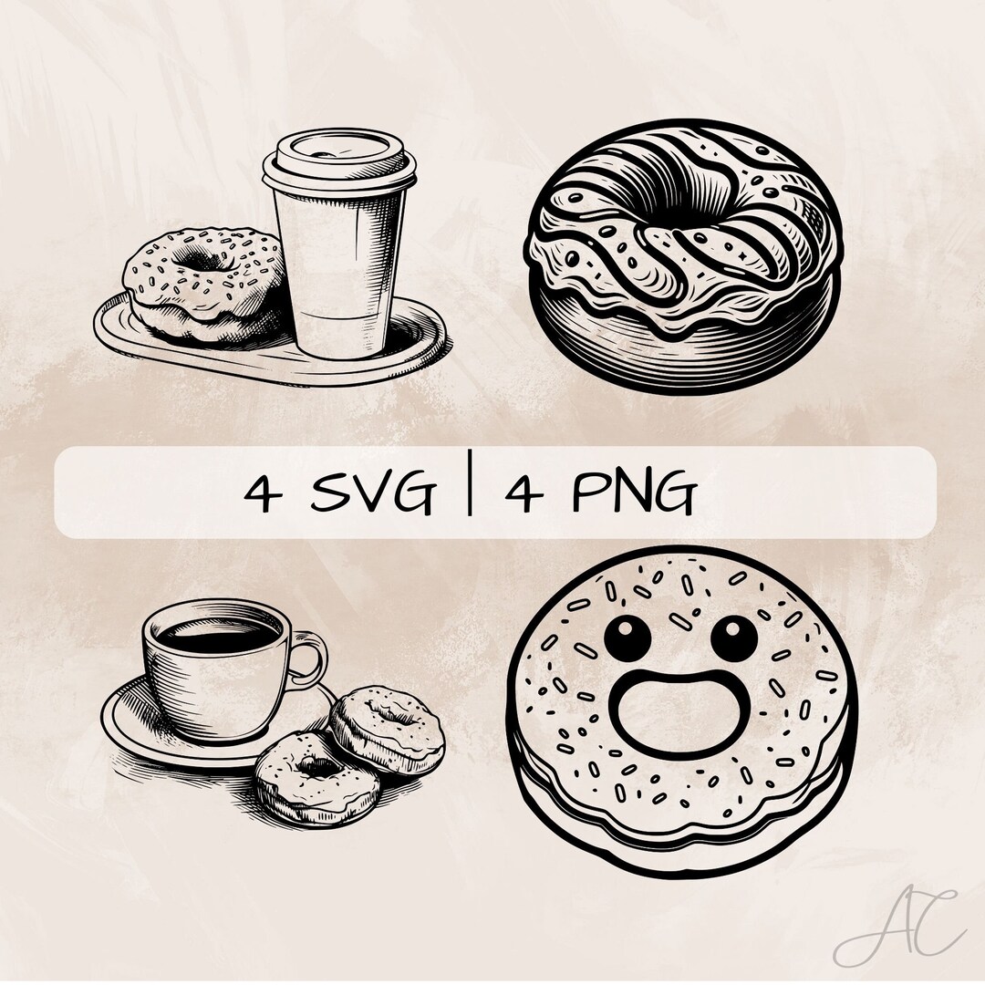 Donut SVG, Donut With Coffee PNG, Donut With Face Clipart, Hand Drawn ...