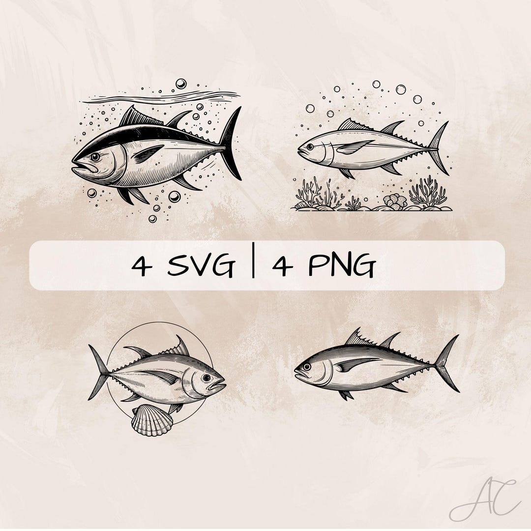 Delicate Tuna Fish SVG Bundle, Tuna Line Art PNG, Fish and Seashell ...